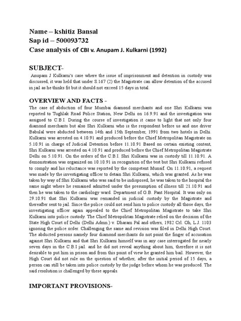 Case Analysis Of Cbi Vs Anupam J Kulkarni Download Free Pdf Arrest Remand Detention