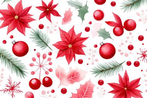 Festive Red Poinsettias And Ornaments Create Cheerful Holiday Pattern