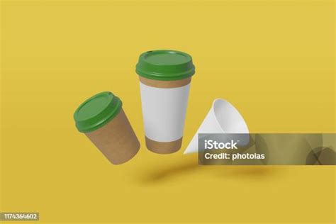 다른 크기의 세 개의 흰색 종이 모형 컵의 집합 크고 작은 원뿔 모양의 노란색 배경에 날아 3d 렌더링 0명에 대한 스톡 사진