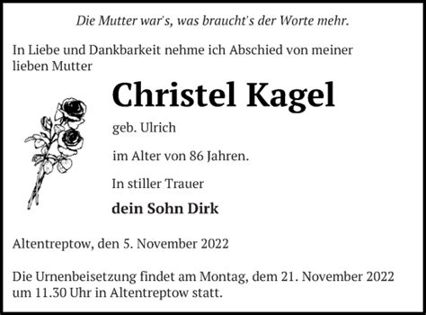 Traueranzeigen Von Christel Kagel Trauer Nordkurier