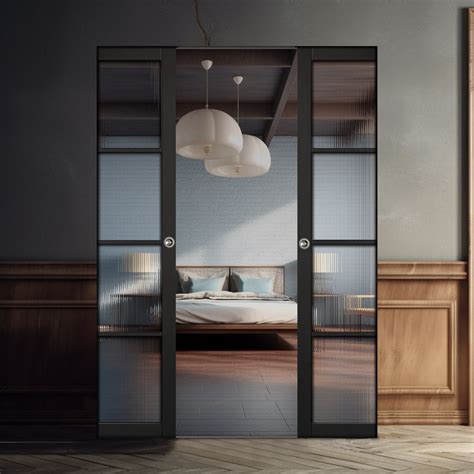 Soho 4 Pane Black Primed Absolute Evokit Double Pocket Doors Clear R