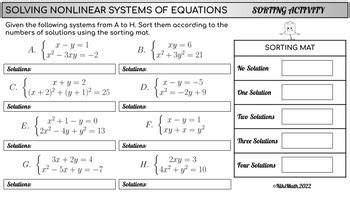 Solving Non Linear Systems Sorting Activity 24 Problems For Groups