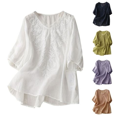 Cflvaek Vintage Embroidered T Shirt For Women Cotton Linen V Neck
