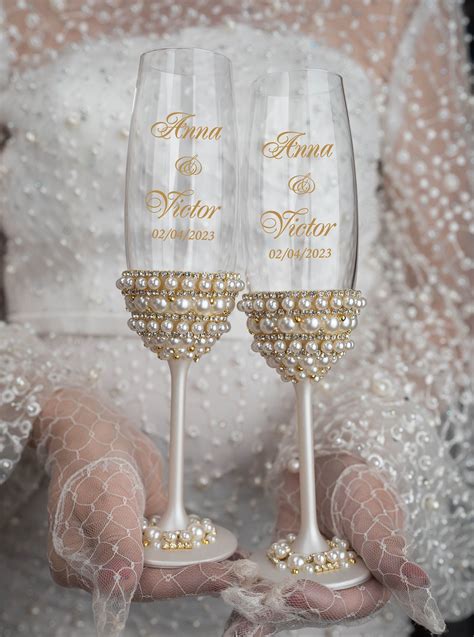 Pearl Wedding Gold Pearled Wedding Flutes Champagne Gold Pearl