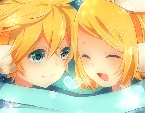 Achiki Blonde Hair Blue Eyes Bow Close Heart Kagamine Len Kagamine Rin Male Scarf Short Hair