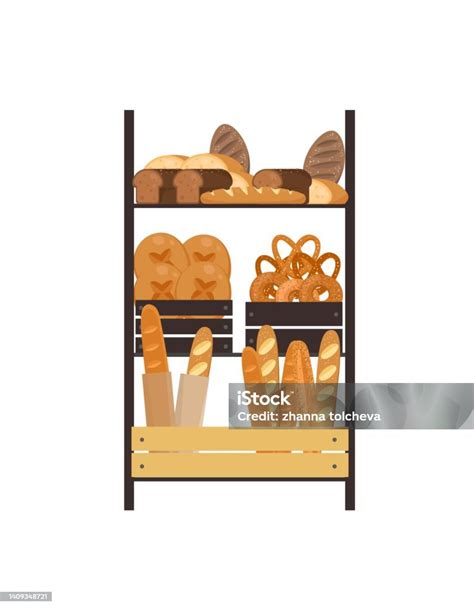 스톨 또는 베이커리 가게를 서십시오 다양한 빵과 패스트리 프렌치 바게트 시아 바타 크로와상 베이글 프레첼 흰색 배경에 격리된