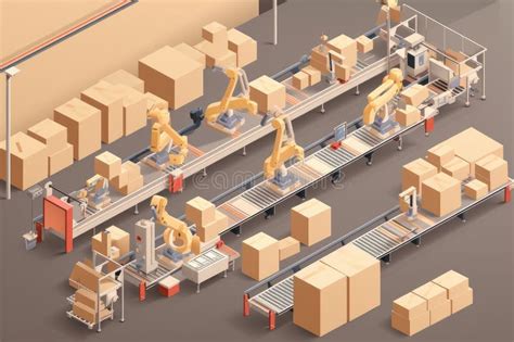 packaging and sorting robots working in busy factory packaging
