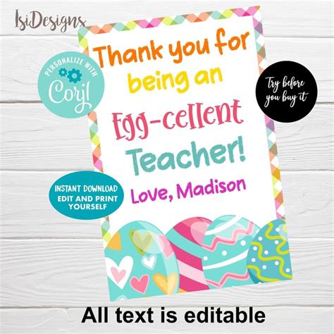 Easter Teacher Appreciation Editable Tag Eggcellent Teacher T Tags
