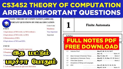 Arrear‼️ Cs3452 Theory Of Computation Important Questions Toc Important Questions In Tamil