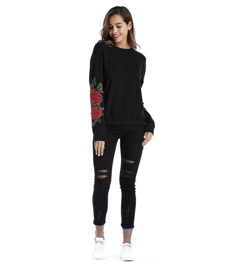 Womens Crew Neck Long Sleeve Top Floral Embroidered Pullover