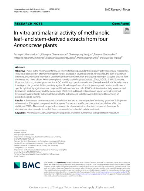 Pdf In Vitro Antimalarial Activity Of Methanolic Leaf And Stem