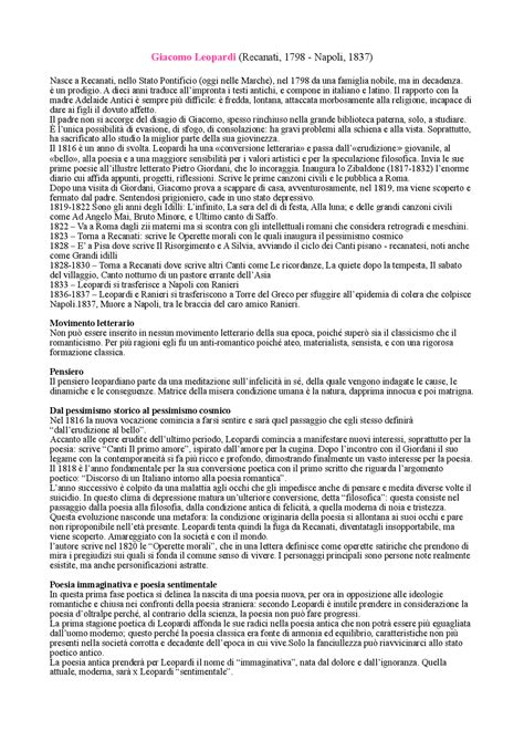 Giacomo Leopardi Vita Opere E Analisi Dispense Di Italiano Docsity