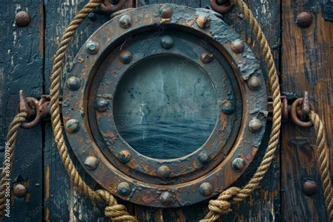 Pirate Ship Porthole With A Frame Of Weathered Wood Barnacles And