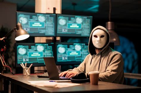Premium Photo Hacker Wearing Mask And Hood To Hack Computer System