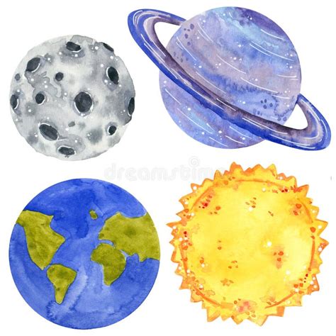 Space Clipart Set Hand Drawn Watercolor Illustration Isolated On White