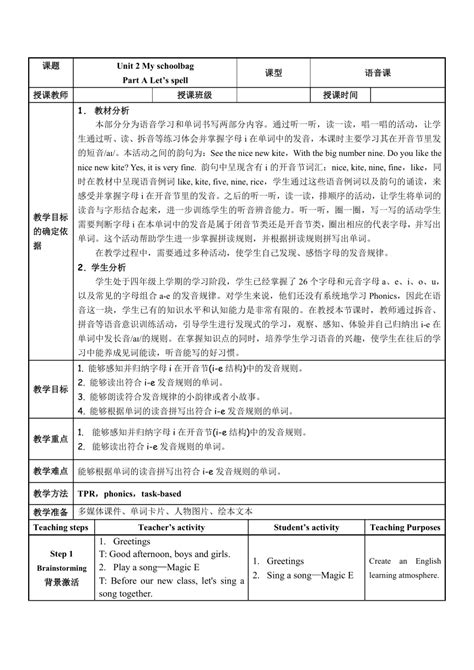 Unit 2 My Schoolbag Part A Lets Spell 表格式教学设计 21世纪教育网