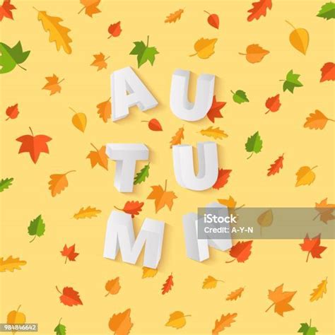 녹색 노란색 빨간색 단어가을 작곡 스타일을 잘라 종이에 노란색 바탕에 나뭇잎 가 잎 디자인 포스터 배너 전단지에 대 한 3 차원