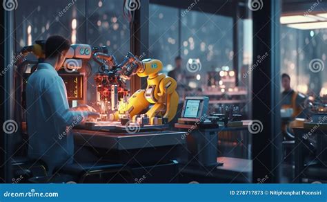 Blured Background Machine Ai Bot Working In The Office For Industrial Revolution And Automation