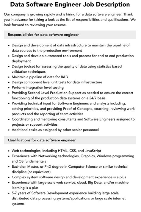 Data Software Engineer Job Description Velvet Jobs