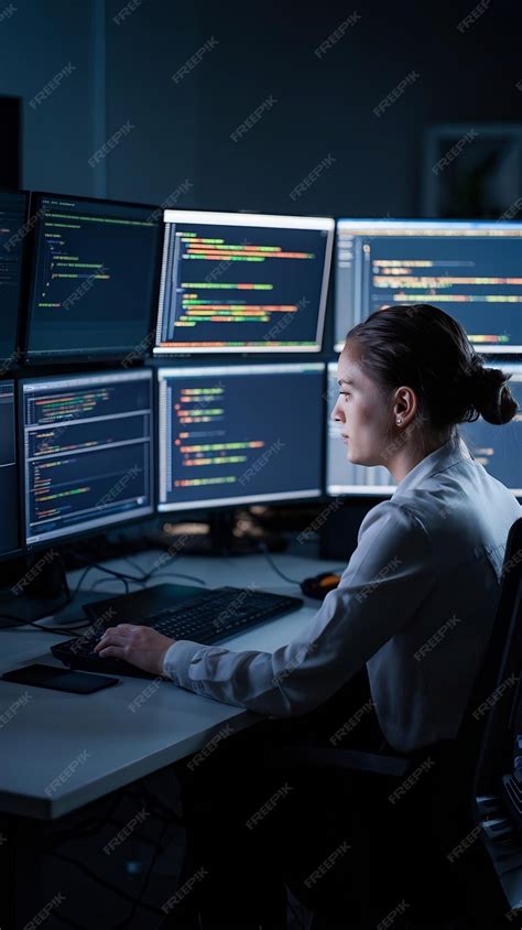 Female Programmer Coding On Desktop Computer With Six Monitors Setup In