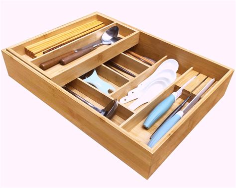 Foundry Select Double Layer Bamboo Kitchen Drawer Organizer Utensil Silverware Organizer
