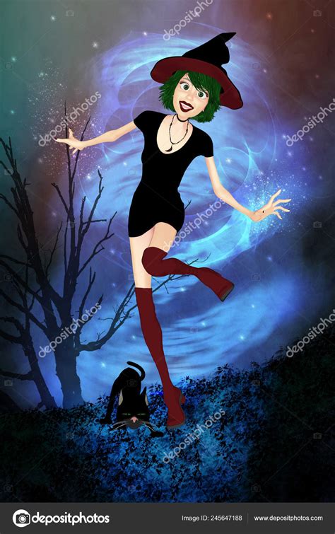 Illustration Cute Witch Her Cat Set Mystical Background Suitable Wide