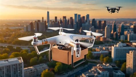 Drone Flies With A Box Over The City Innovation Delivery Express Stock Illustration