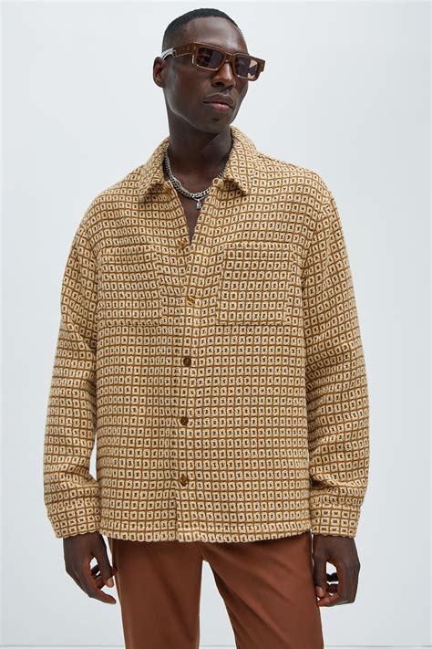 Oversized Island Textured Button Up Shirt Brown Combo Fashion Nova