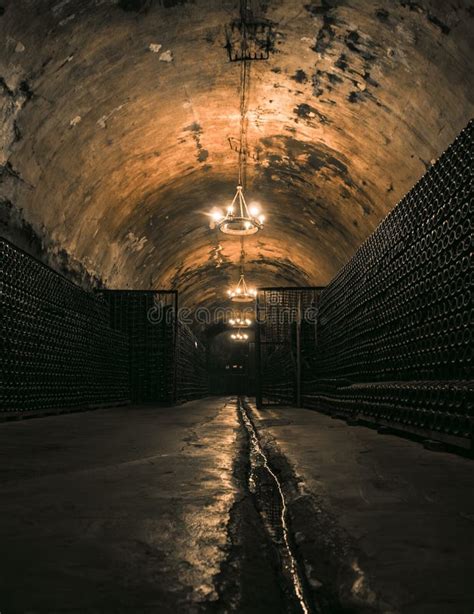 Dark Underground Wine Cellar Featuring Endless Rows Of Bottles