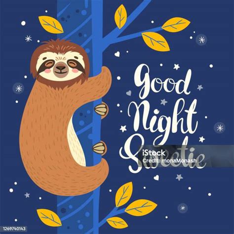나뭇가지에서 수면 나무늘보 파란색 배경에 곰 잎과 글자 좋은 밤 스위티와 벡터 그림 인사말 카드 게으름에 대한 스톡 벡터 아트 및 기타 이미지 Istock