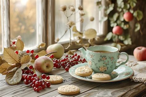 Wooden Table With Tea Set Cookies And Berries Premium Ai Generated Image