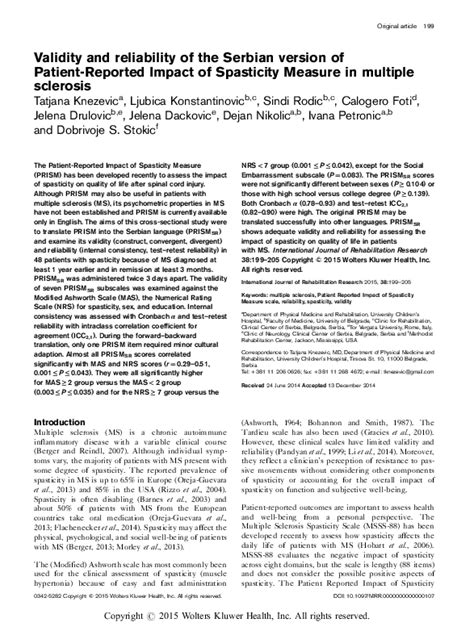 Pdf Validity And Reliability Of The Serbian Version Of Patient Reported Impact Of Spasticity