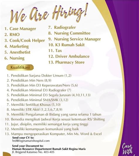 Lowongan Kerja Medan 2024 Di RS Regina Maris September 2024 Loker