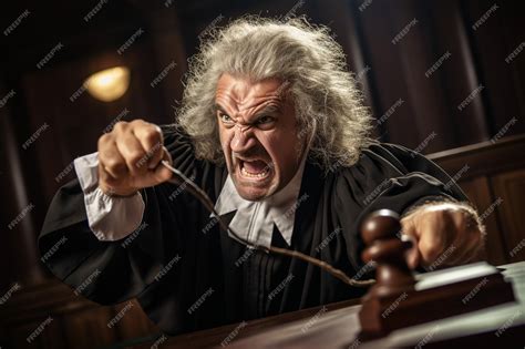 Premium Photo An Angry Mature Judge Striking His Gavel At Table In