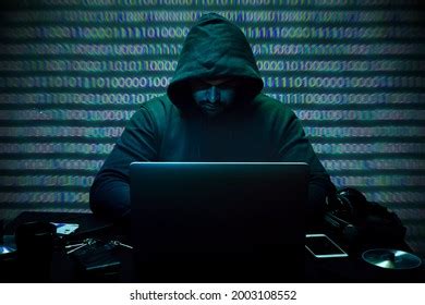 Hacker Programmer Using Computer Dark Room Stock Photo 2003108552