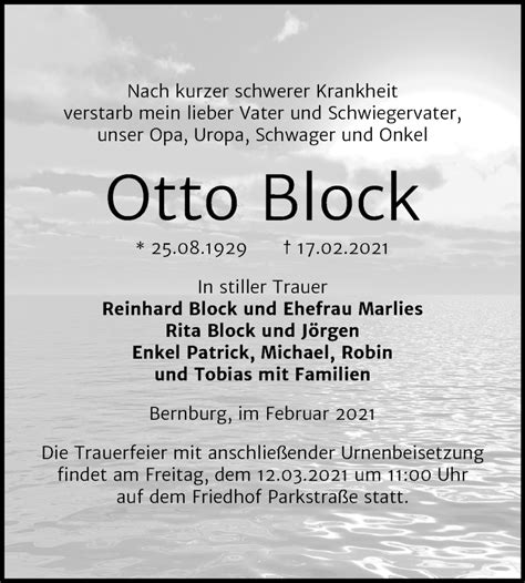 Traueranzeigen Von Otto Block Abschied Nehmen De