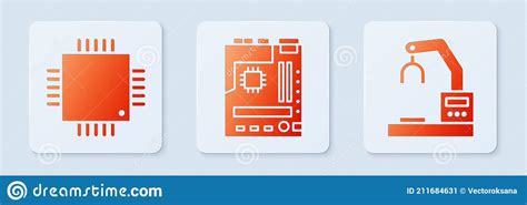 Set Motherboard Processor With Microcircuits Cpu And Robotic Robot Arm