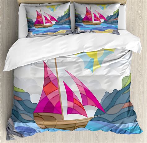 Nautical Duvet Cover Set With Pillow Shams Sun Sail Boat Vitray Print