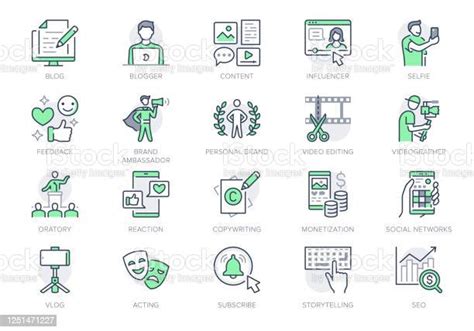 블로거 라인 아이콘입니다 벡터 일러스트에는 블로그 수익 창출 비디오 편집 개인 브랜드 소셜 미디어 콘텐츠의 카피 라이팅 개요 그림으로 아이콘이 포함되어 있습니다 녹색 편집