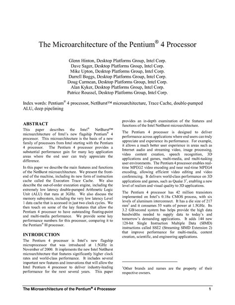 Pentium 4 1 Kiến Trúc Máy Tính The Microarchitecture Of The Pentium 4 Processor Glenn Hinton