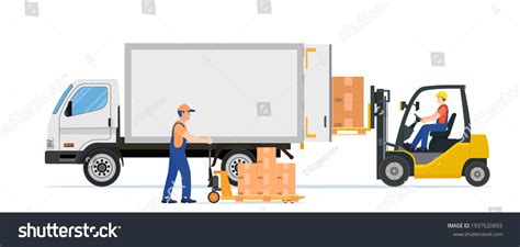 화물칸을 트럭에 싣는 지게차 워어하우즈먼과 체크리스트 스톡 일러스트 1937620855 Shutterstock