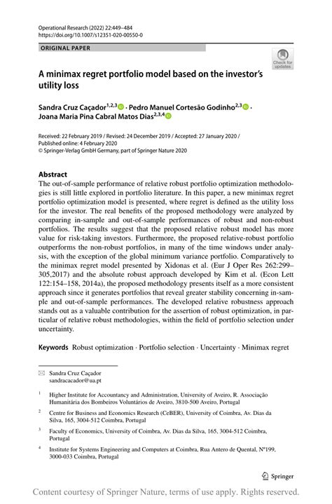 A Minimax Regret Portfolio Model Based On The Investors Utility Loss Request Pdf