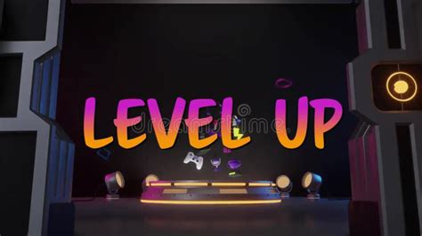 Animation Of Gaming Icons And Level Up Text Over Cyber Gate Stock