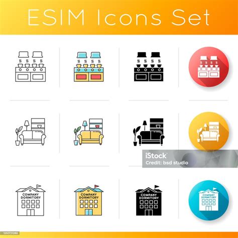 회사 기숙사 아이콘 세트 공용 주방 기업 숙박 시설 공용 거실 공용 침실 인퍼트 인테리어 선형 검정 색 및 Rgb 색상 스타일 격리된 벡터 그림 가정 생활에 대한 스톡 벡터