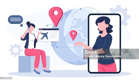 여자는 여행사와 이야기합니다 고객이 있는 투어 에이전트가 항공편 목적지를 선택합니다 여행 및 관광 휴일과 휴가 평면 벡터