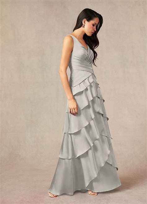 Pebble Azazie Viola A Line Pleated Stretch Satin Floor Length Dress