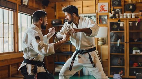 Two Men In White Uniforms Are Engaged In A Martial Arts Fight Premium