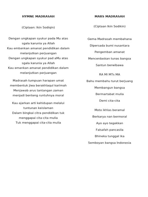 Hymne Madrasah Dan Mars Madrasah Pdf
