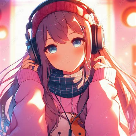 Beautiful Anime Girl Listening To Lofi Hip Hop Music With Headphones