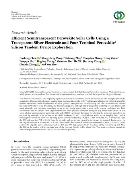 PDF Efficient Semitransparent Perovskite Solar Cells Using A Transparent Silver Electrode And